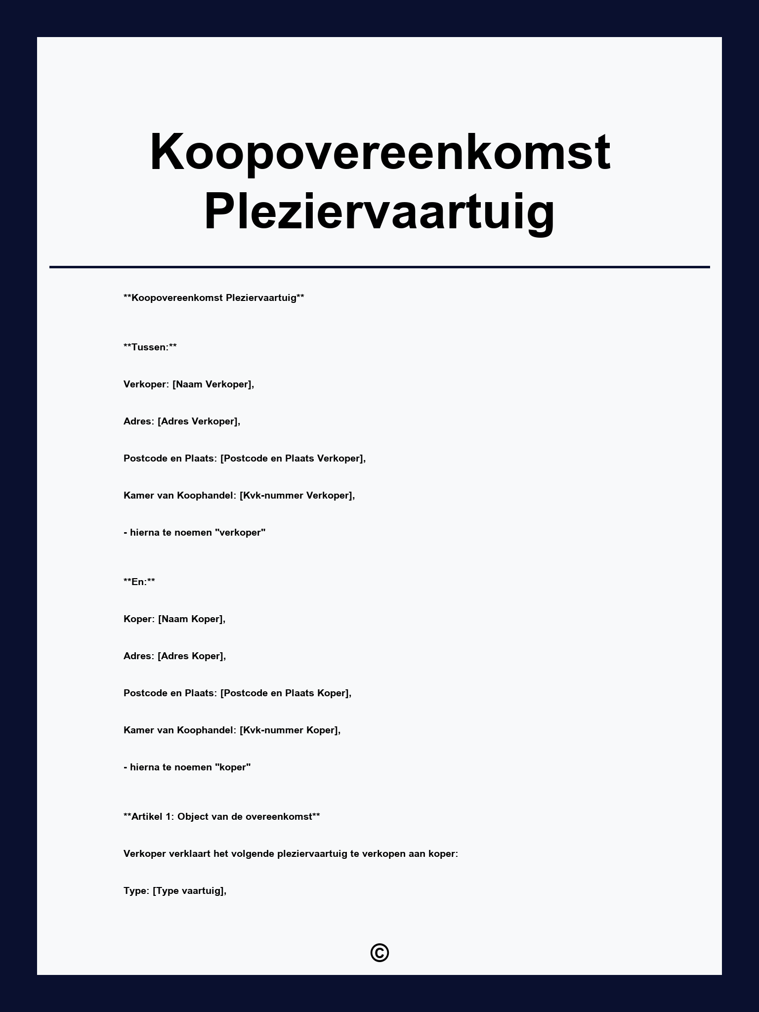 Koopovereenkomst Pleziervaartuig - Voorbeeld