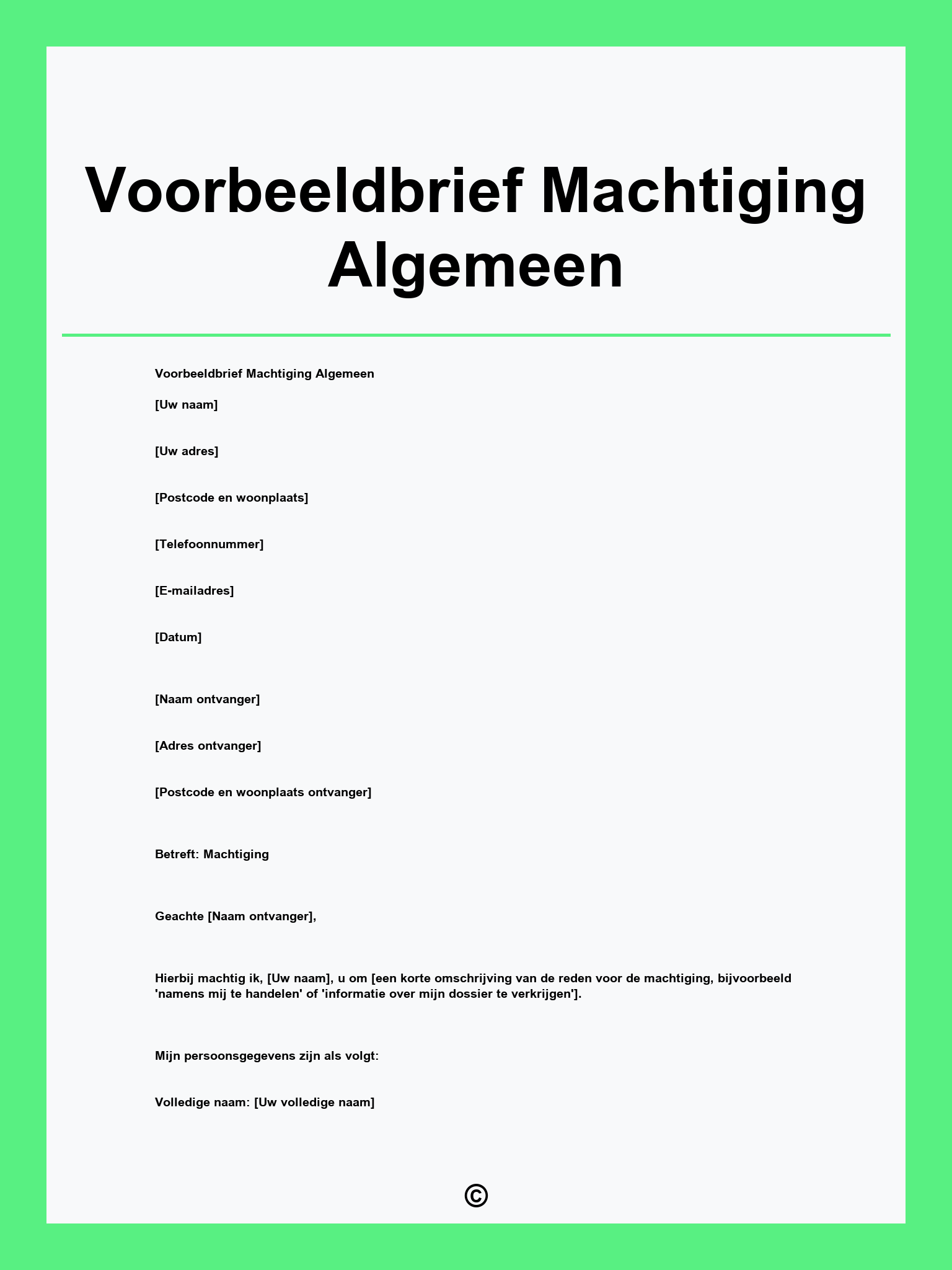 Voorbeeldbrief Machtiging Algemeen